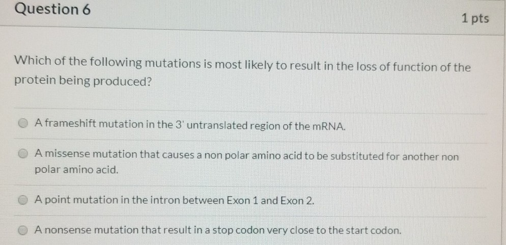 Solved Question 6 1 pts Which of the following mutations is | Chegg.com