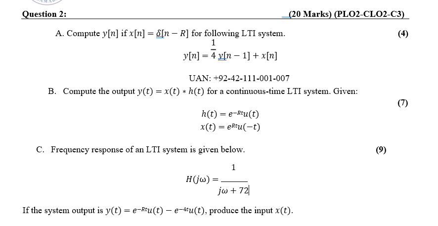 Solved Question 2: (20 Marks) (PLO2-CLO2-C3) (4) A. Compute | Chegg.com