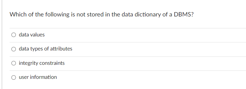Solved Which of the following is not stored in the data | Chegg.com