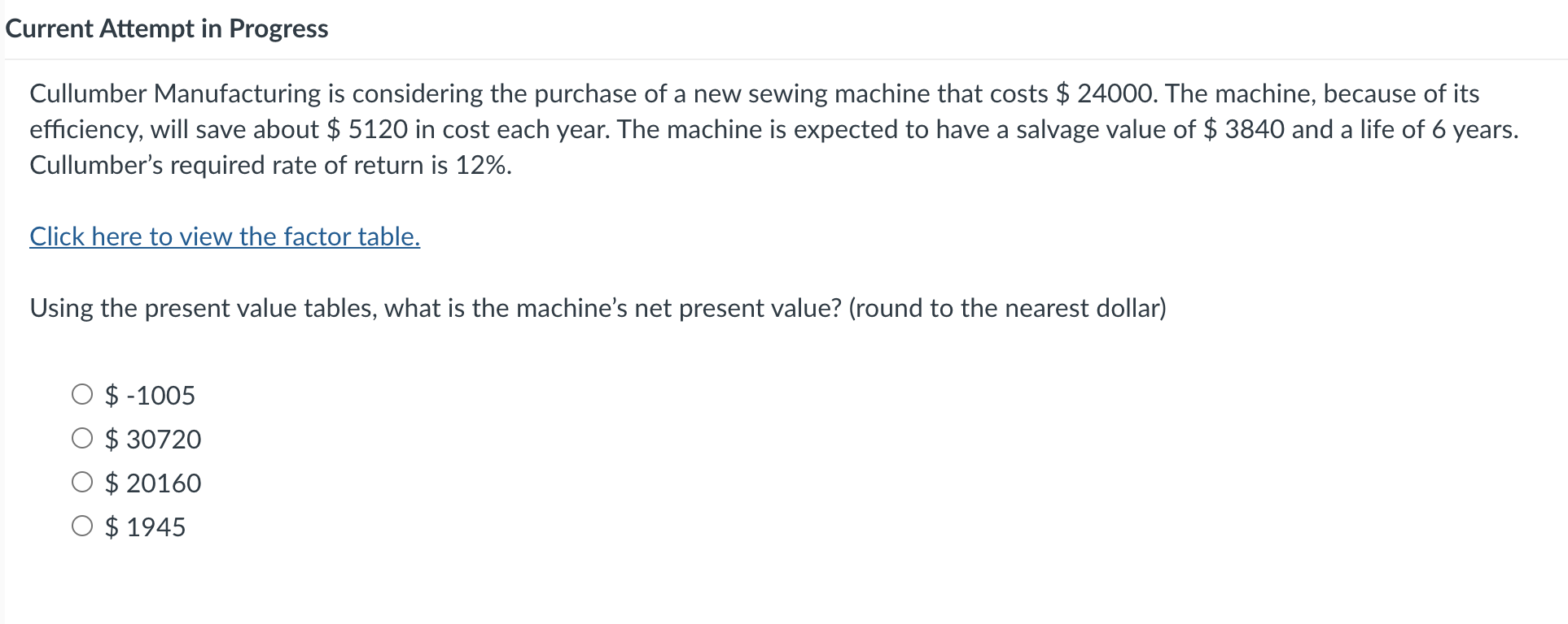 Solved Current Attempt in Progress Cullumber Manufacturing | Chegg.com