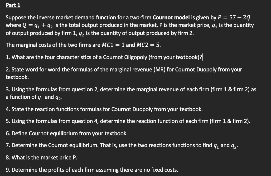 Solved Part 1 = Suppose the inverse market demand function | Chegg.com