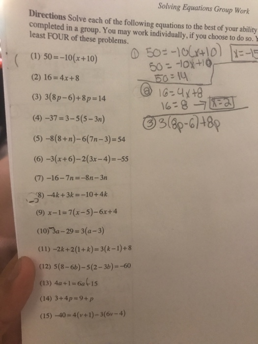 Solved Solving Equations Group Work Directions Solve each of | Chegg.com