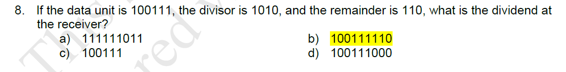 Solved 8. If the data unit is 100111, the divisor is 1010, | Chegg.com