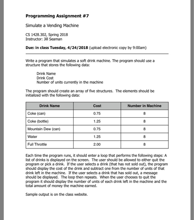 Solved Programming Assignment #7 Simulate a Vending Machine | Chegg.com