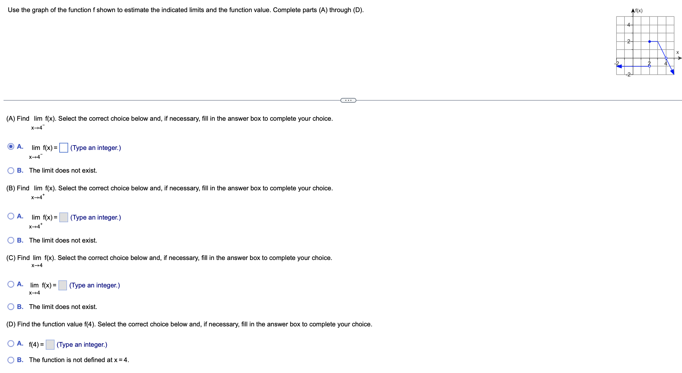 Solved (A) Find limx→4−f(x). Select the correct choice below | Chegg.com