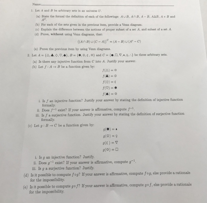 Solved 1. Let A and B be arbitrary sets in an universe U (a) | Chegg.com