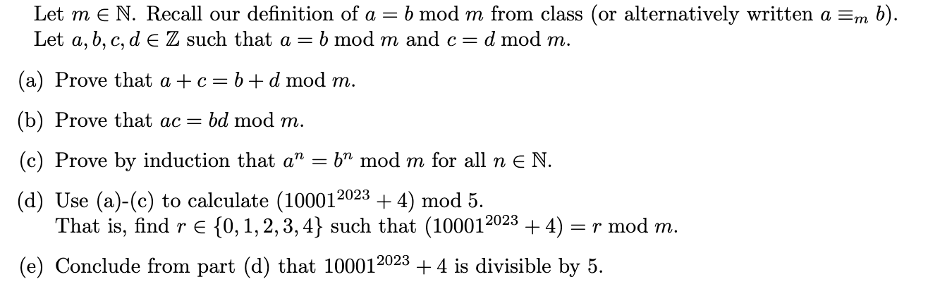 Let minN. Recall our definition of a=bmodm from class | Chegg.com
