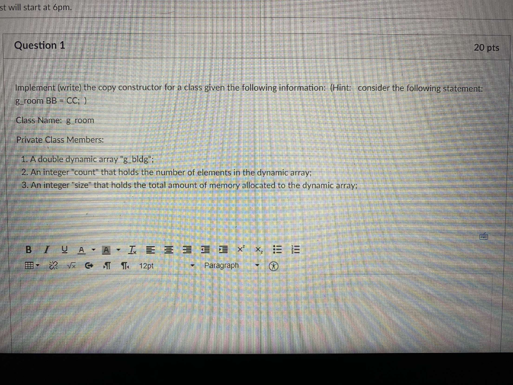 Solved st will start at 6pm. Question 1 20 pts Implement | Chegg.com