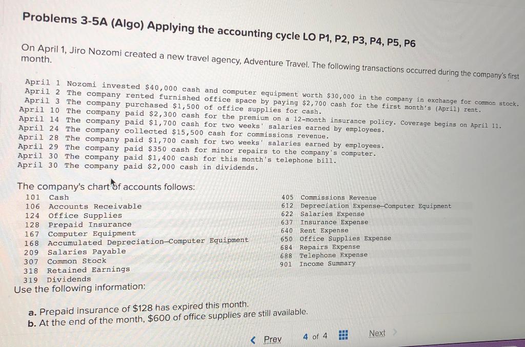 Solved Problems 3-5A (Algo) Applying the accounting cycle LO | Chegg.com