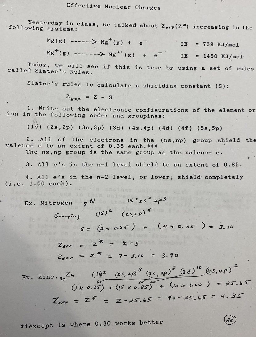Solved Effective Nuclear Charges Yesterday in class, we | Chegg.com