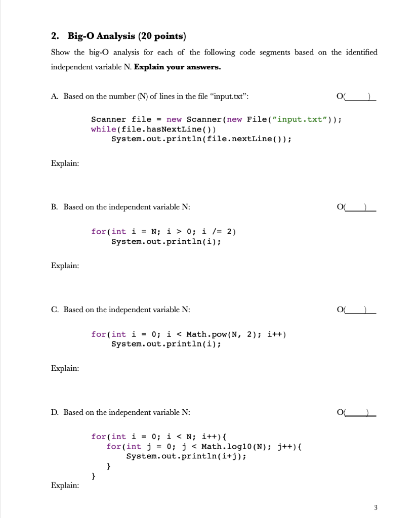Solved 2. Big-0 Analysis (20 points) Show the big-O analysis | Chegg.com