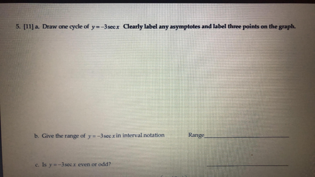 Solved 5. [11] a. Draw one cycle of y=-3 secx Clearly label | Chegg.com