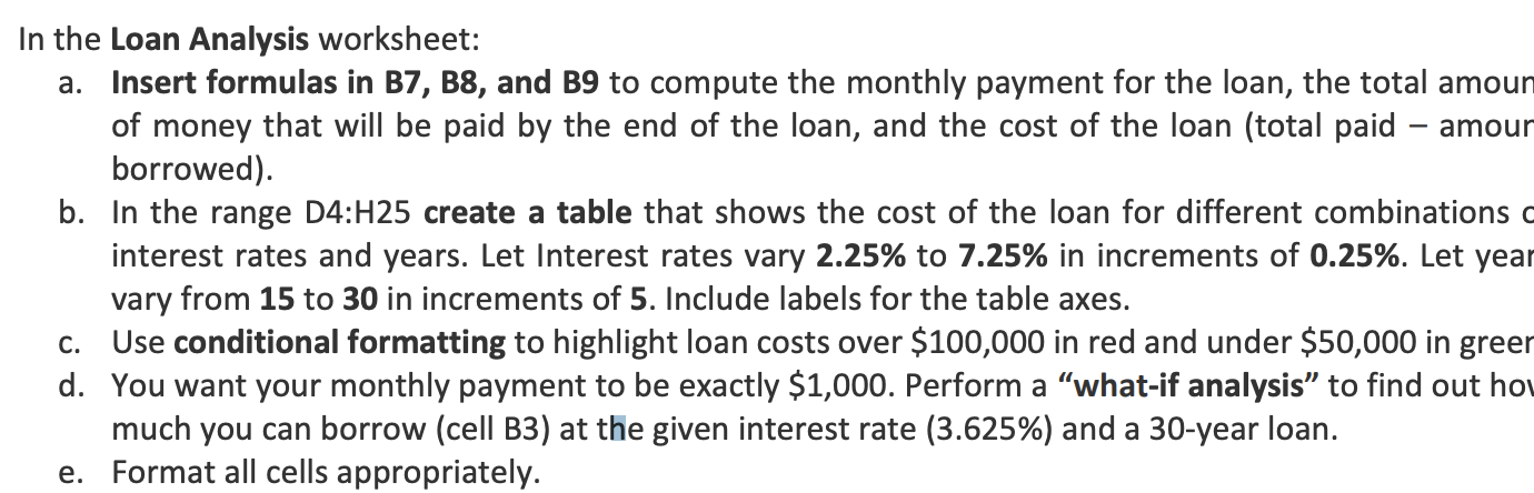 In the Loan Analysis worksheet: a. Insert formulas in | Chegg.com