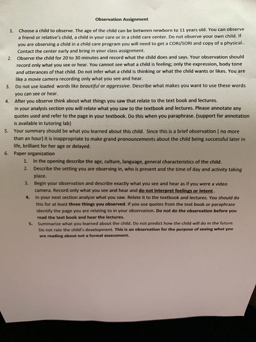 Solved Observation Assignment 1. Choose a child to observe. | Chegg.com