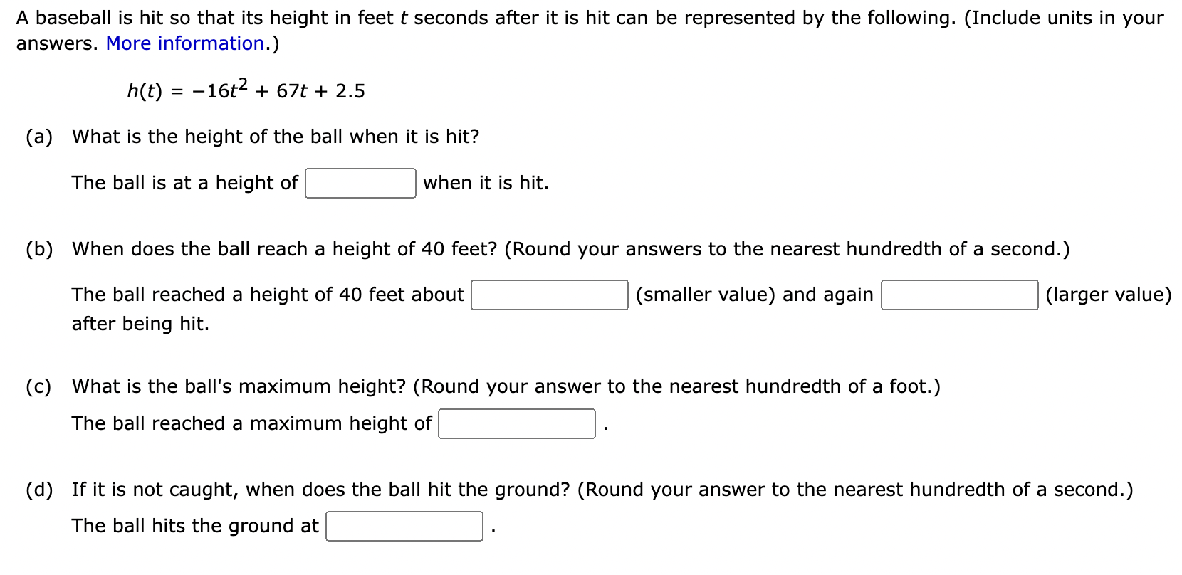 Solved A baseball is hit so that its height in feet t | Chegg.com