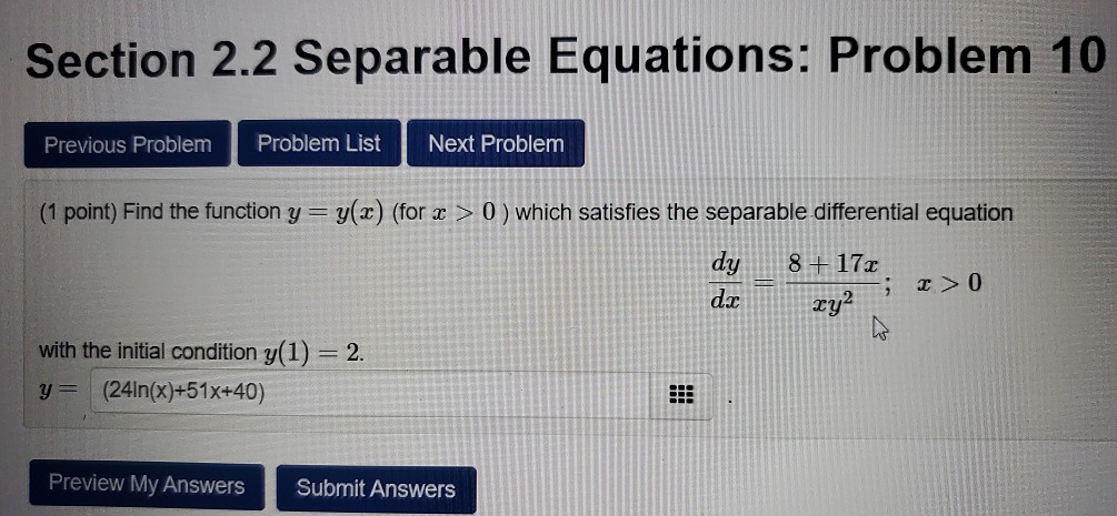 Solved Section 2 2 Separable Equations Problem 10 Previous