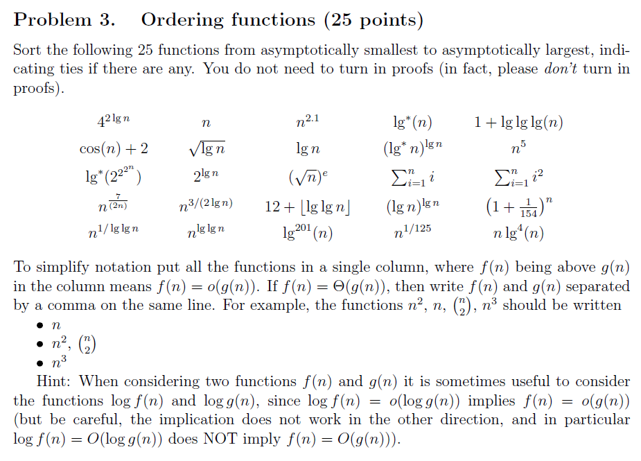 Solved Problem 3. Ordering functions (25 points) Sort the | Chegg.com