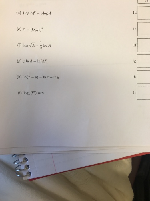 Solved (d) (log A)^p = p log A (e) n = (log_b b)^n (f) log | Chegg.com