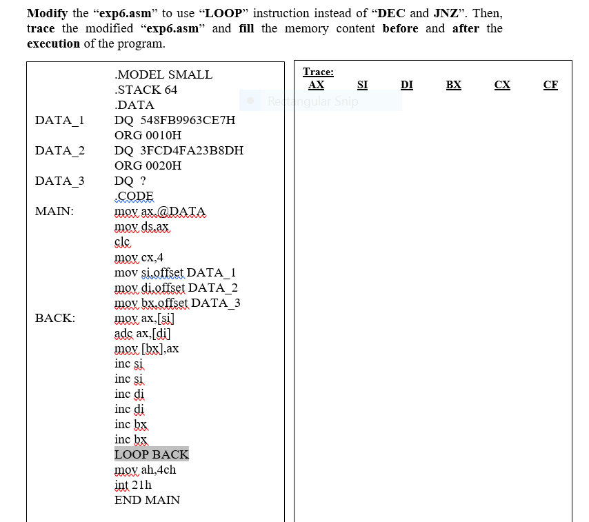 Solved Modify the "exp6.asm” to use "LOOP” instruction | Chegg.com
