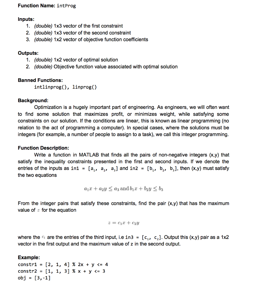 Function Name Intprog Inputs 1 Double 1x3 Vector