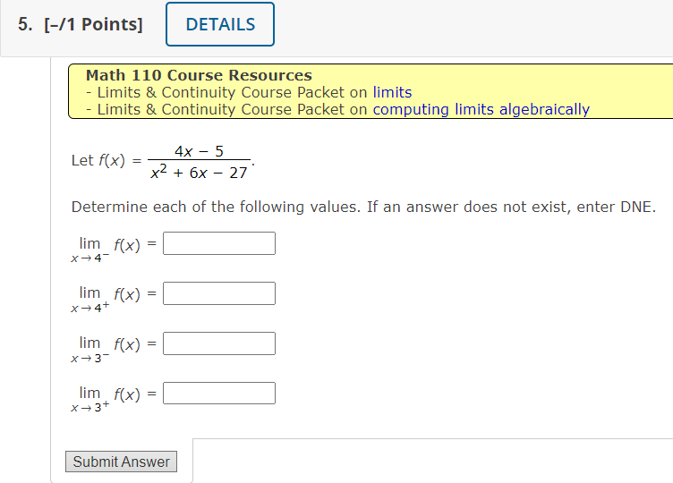 Solved Math 110 Course Resources - Limits \& Continuity | Chegg.com
