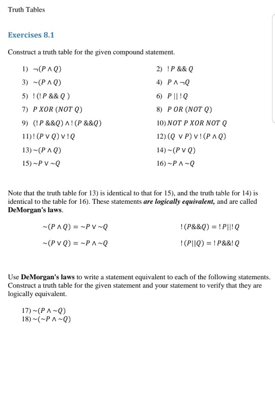 Solved Truth Tables Exercises 8 1 Construct A Truth Table Chegg