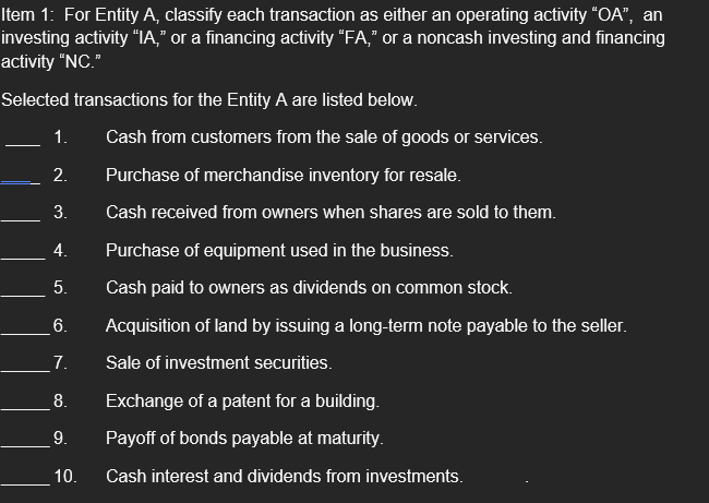 Solved Item 1: For Entity A, classify each transaction as | Chegg.com