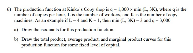 Solved 6) The production function at Kinko's Copy shop is q | Chegg.com