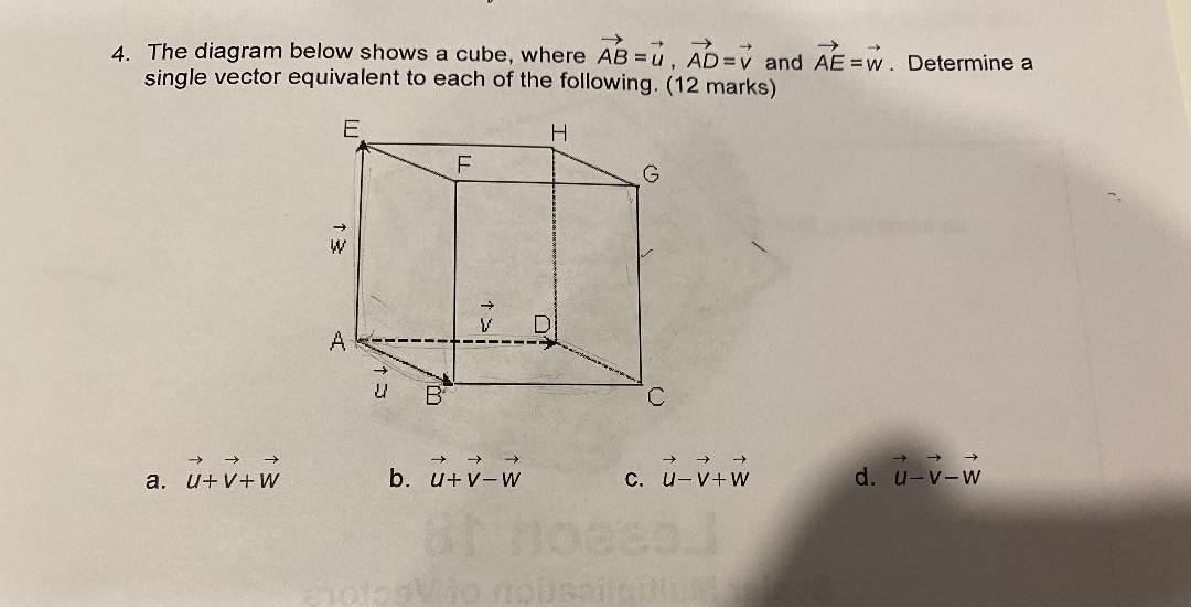 Solved 4. The diagram below shows a cube, where AB=u,AD=v | Chegg.com