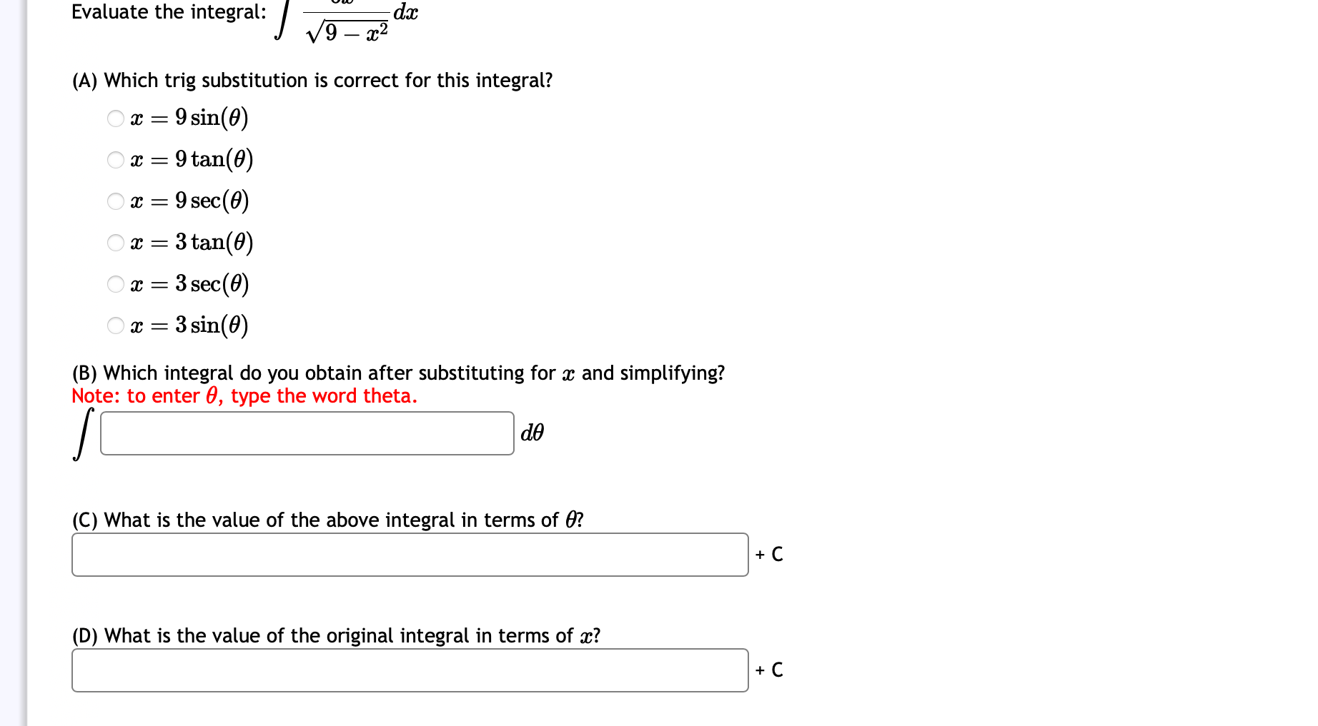 (A) Which trig substitution is correct for this | Chegg.com
