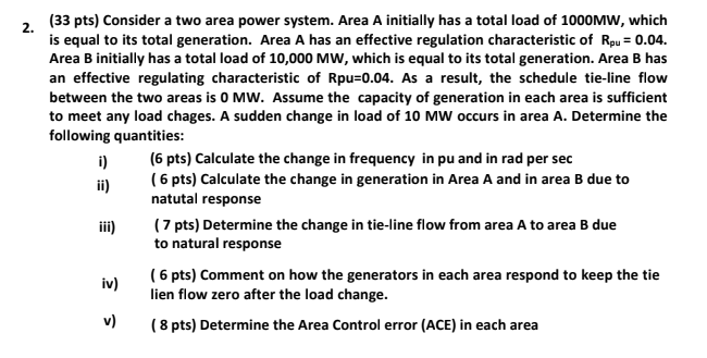 (33 pts) Consider a two area power system. Area A | Chegg.com