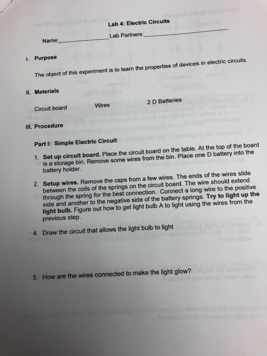 Solved Lab 4: Electric Circuits Name: Lab Partners L Purpose | Chegg.com
