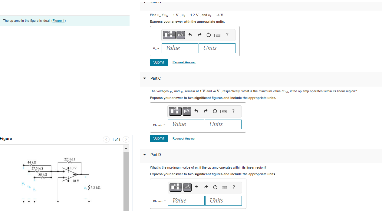 Solved Find vo if va=1 V,vb=1.2 V, and vc=−4 V The op amp in | Chegg.com