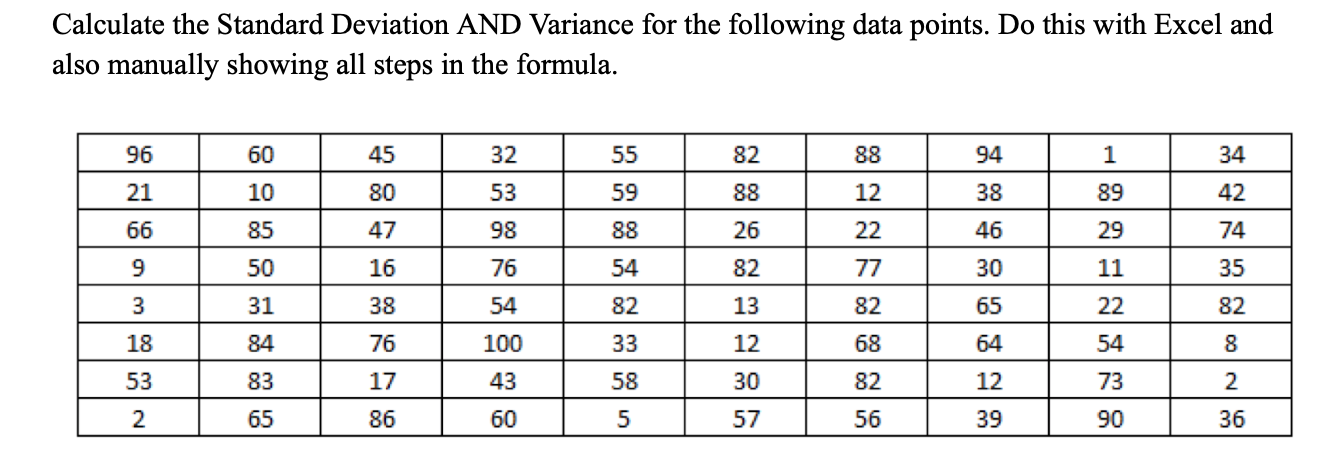 Solved Calculate the Standard Deviation AND Variance for the | Chegg.com