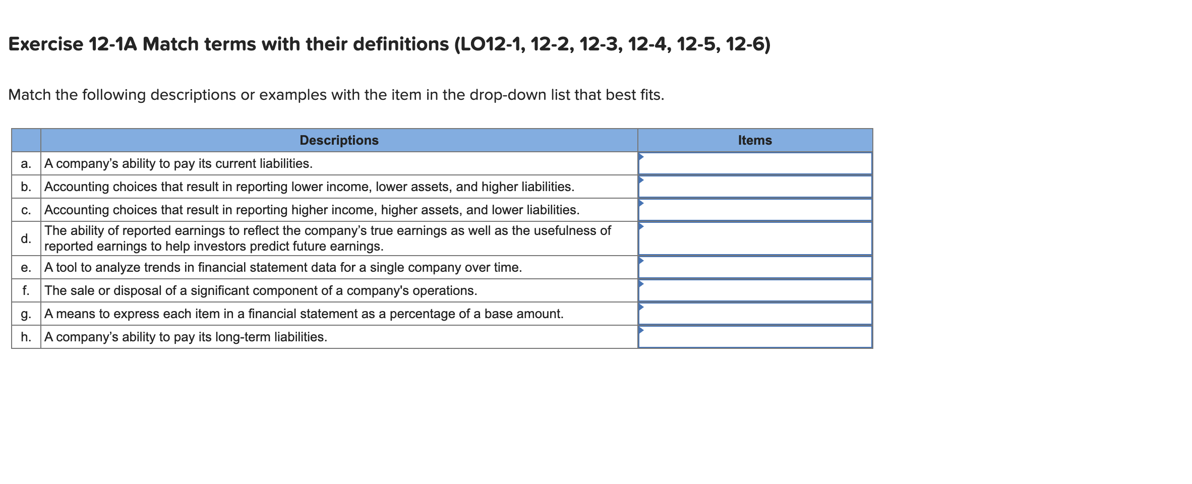 Solved Exercise 12-1A Match terms with their definitions | Chegg.com