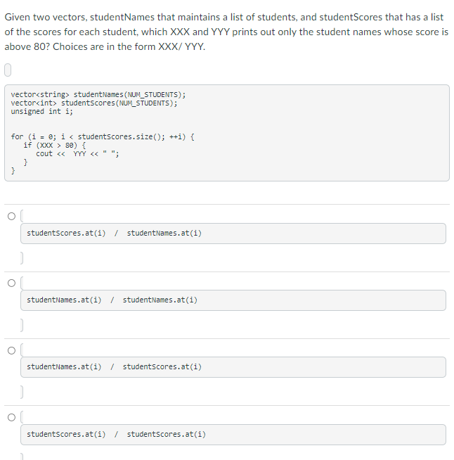 Solved Given two vectors, studentNames that maintains a list | Chegg.com