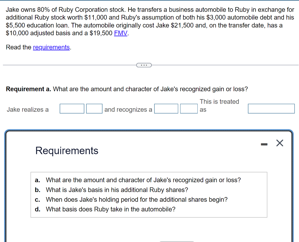 Solved Jake owns 80% of Ruby Corporation stock. He transfers | Chegg.com