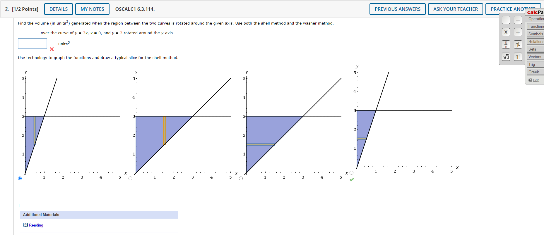 Solved over the curve of y=3x,x=0, ﻿and y=3 ﻿rotated around | Chegg.com