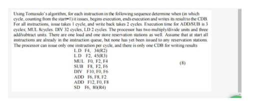 Using Tomasulo's algorithm, for each instruction in | Chegg.com