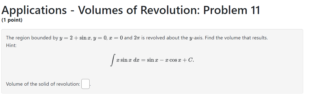 Solved Applications - Volumes of Revolution: Problem 11 (1 | Chegg.com