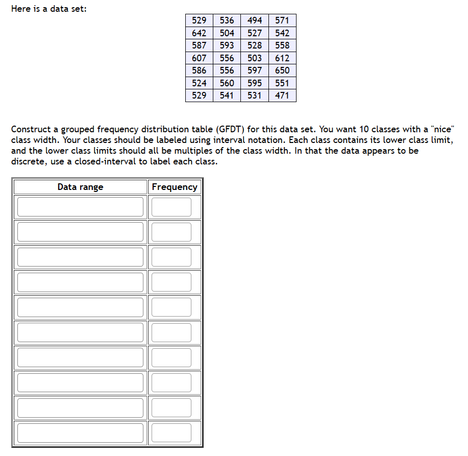 Solved Here is a data set: Construct a grouped frequency | Chegg.com
