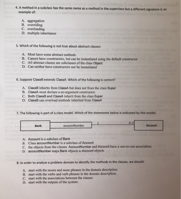 Solved 4 A Method In A Subclass Has The Same Name As A 