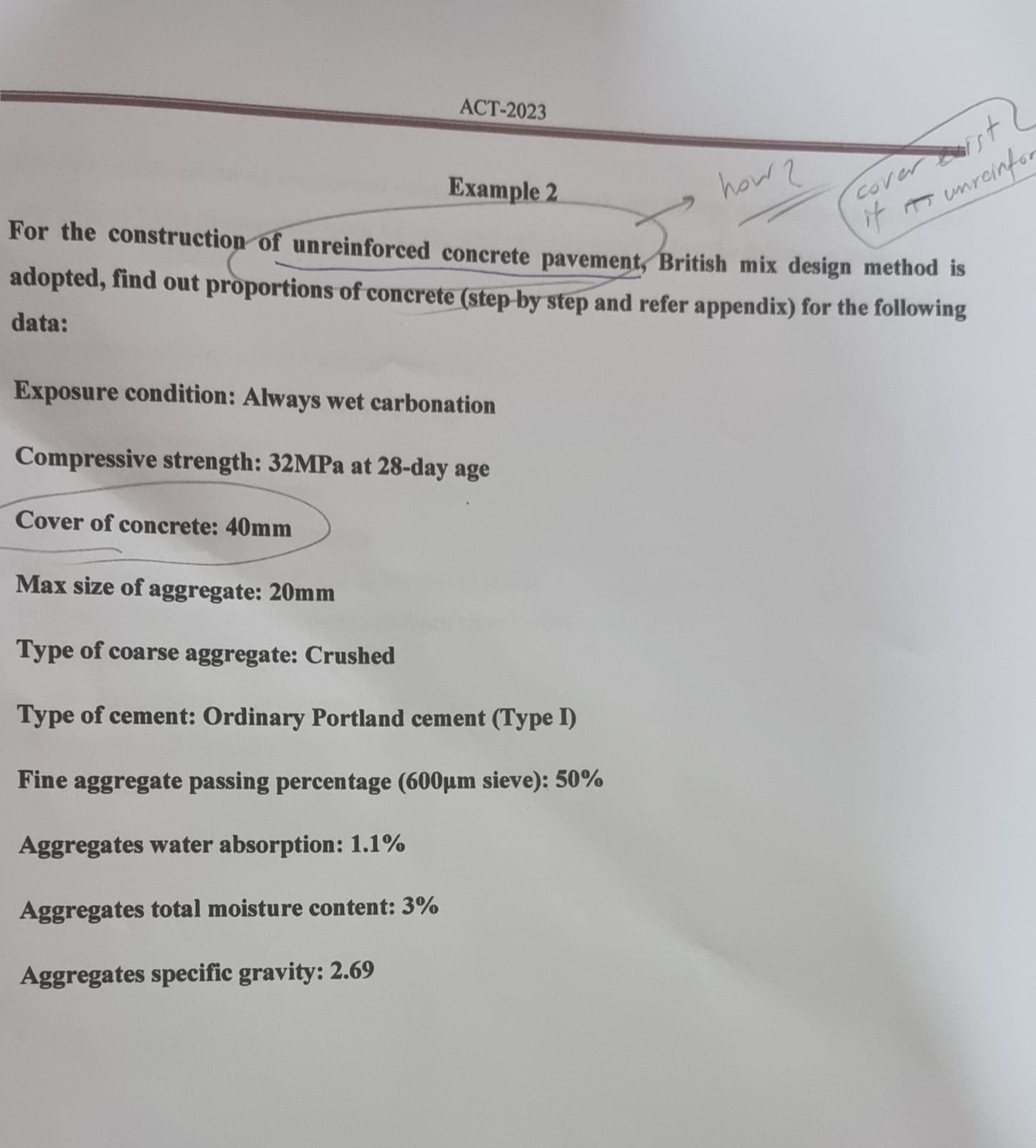 Solved Example 2For the construction of unreinforced | Chegg.com