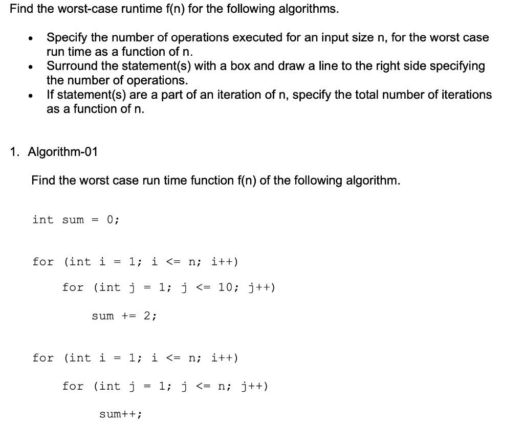 Solved Find the worst-case runtime f(n) for the following | Chegg.com