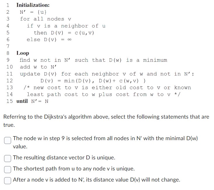 Solved Initialization: N′={u} for all nodes v if v is a | Chegg.com