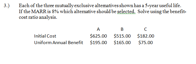 Solved 3.) Each of the three mutually exclusive altematives | Chegg.com Solved 3.) Each of the three mutually exclusive altematives | Chegg.com