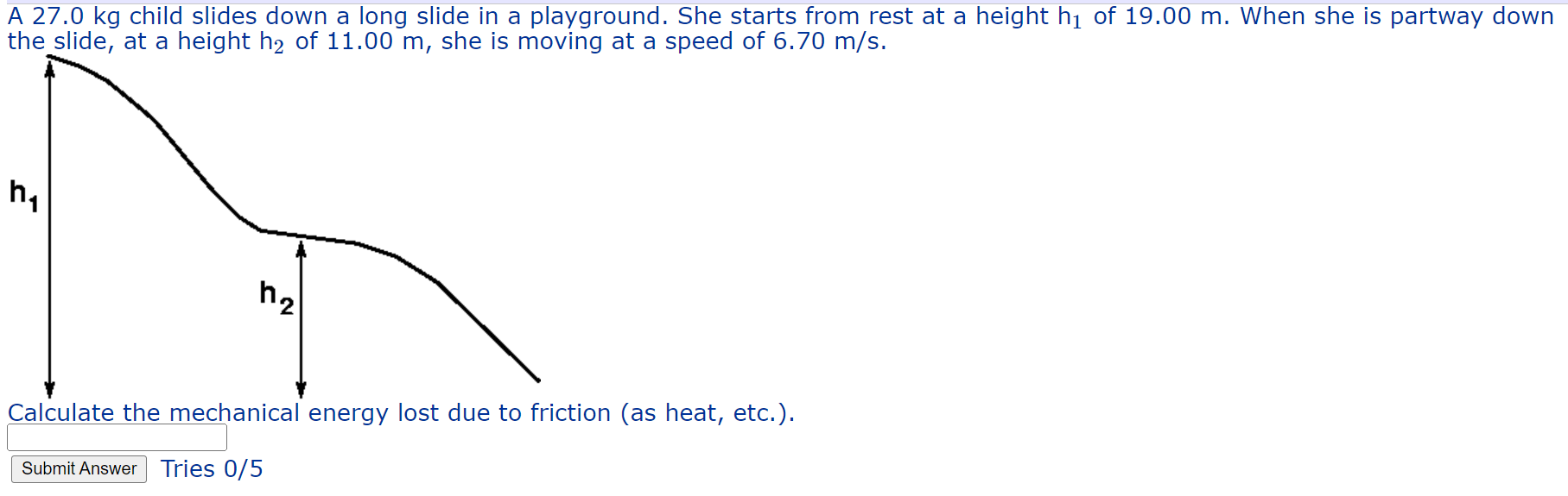 Solved A 27.0 kg child slides down a long slide in a | Chegg.com