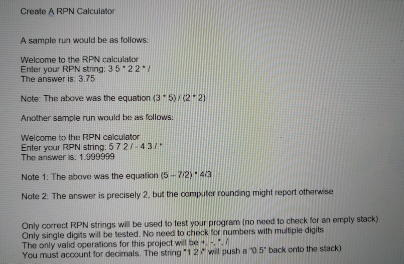 Solved Create A RPN Calculator A sample run would be as | Chegg.com