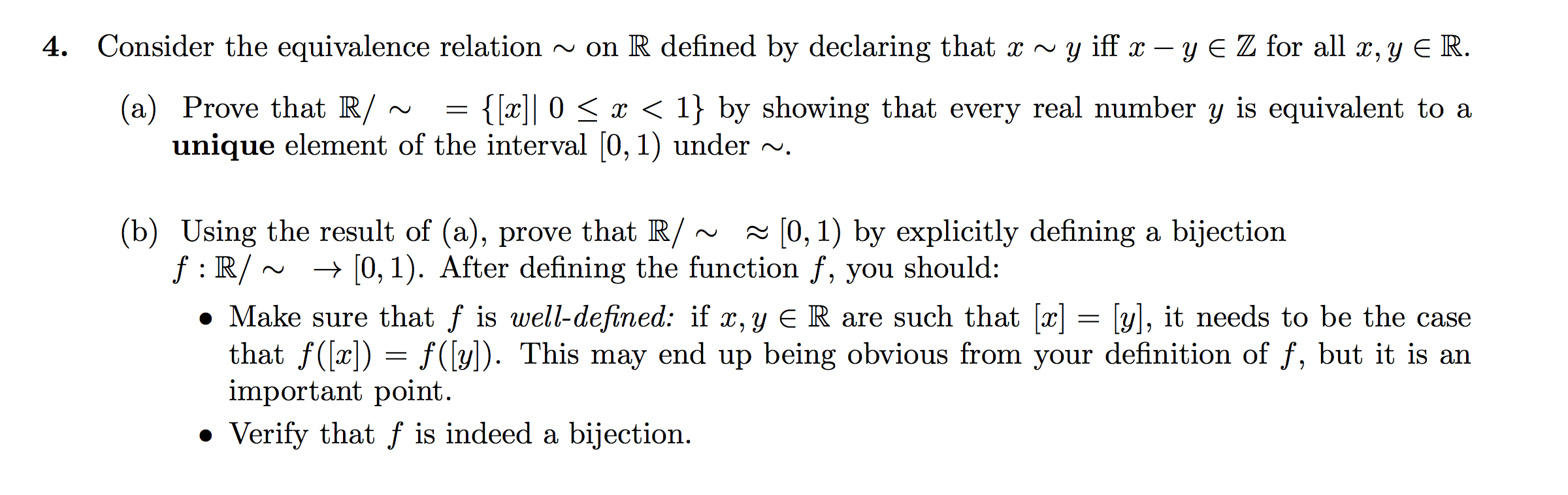 Solved 4. Consider the equivalence relation~ on R defined by | Chegg.com