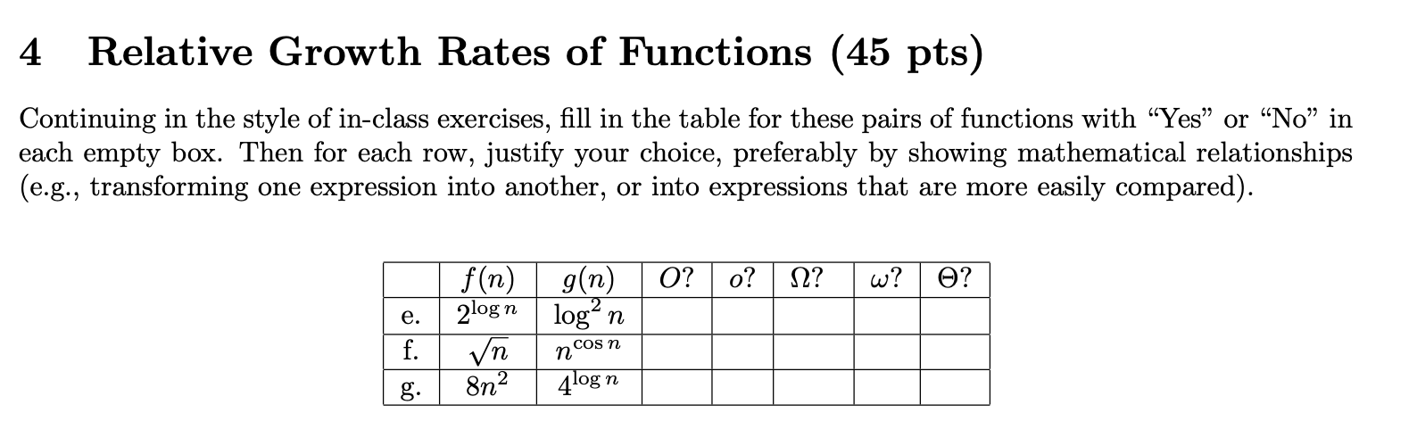 Solved 4 Relative Growth Rates of Functions (45 pts) | Chegg.com